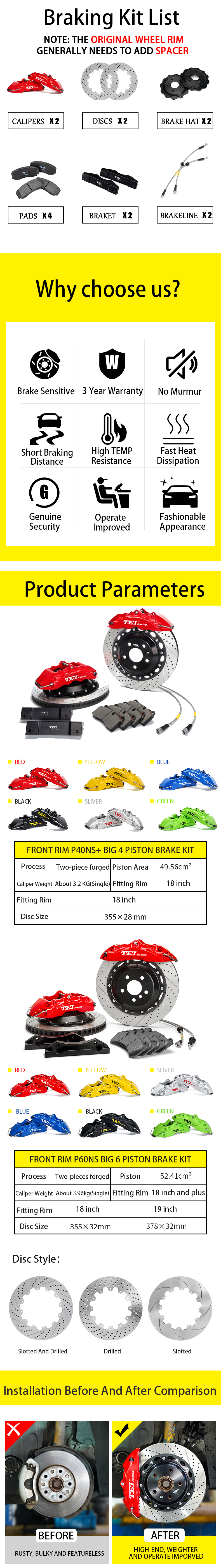 TEI Front P40NS+ 4 Pot Caliper With High Carbon Content Iron Disc Big Brake Kit
