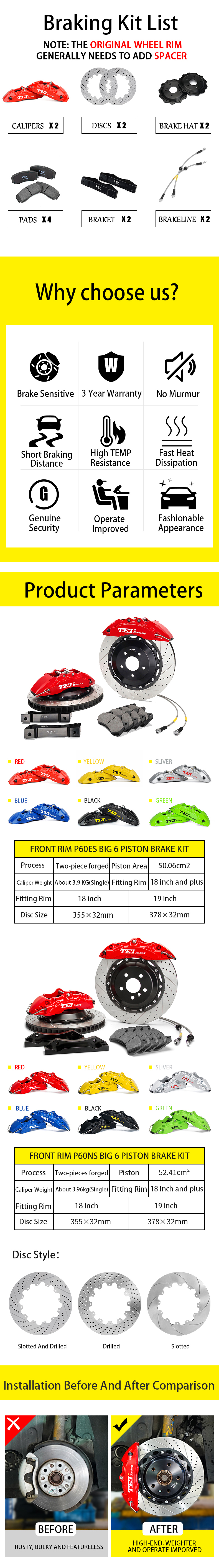 TEI Front P60ES 6 Pot Split Forged Caliper With High Carbon Content Iron Disc Big Brake Kit